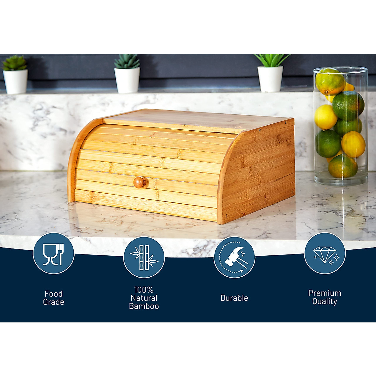 RoyalHouse Premium Bamboo Bread Box, Bread Storage And Organizer, Organizer For Kitchen Countertop, Assembly Required