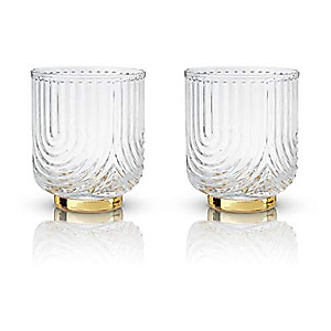 Viski Gatsby Lowball Glasses, Vintage Drinking Tumblers for Whiskey, Scotch & Bourbon, Art Deco Ripple Glassware Arch Design, Gold Plated Base Crystal Drinking Set, Set of 2 , 12oz