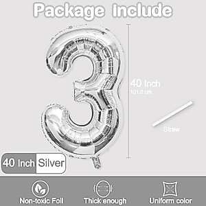 3 Balloon, Number 3 Balloon, 3 Balloon Number 40 Inch, Silver Large Giant Foil Number Balloons for Birthday Party Graduation Wedding Anniversary Bachelorette Decorationss Supplies (Silver)