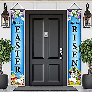 FARMNALL Easter He is Risen Porch Banner Bunny Egg Rabbit Party Front Door Sign Wall Hanging Spring Lily Cross Decorations and Supplies for Home Office Farmhouse Holiday Decor