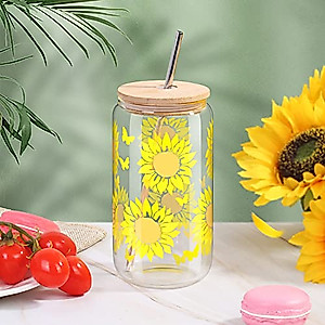 Lvoetgif Sunflower Gifts for Women, Iced Coffee Glass with Bamboo Lids and Straw, Beer Can Shaped Drinking Glass Cup, Inspirational Birthday Sunshine Christmas Gifts for Mom, Best Friend, Wife