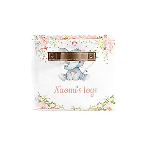 Joyestore Pink Flower Elephant Personalized Storage Bins ,Baskets Cubes Organizer with Handle for Shelves Closet Nursery Toy 2 Packs