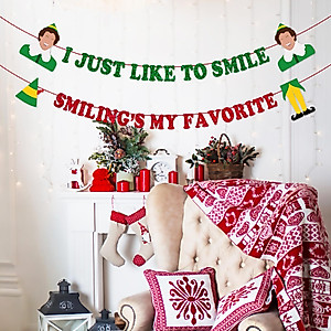 Funny Elf Christmas Decorations, Novelty Buddy The Elf Party Banner Decor Supplies, Holiday Hanging Sign for Fireplace Mantle Wall Decor, Christmas Party Photo Booth Backdrop - I Just Like to Smile