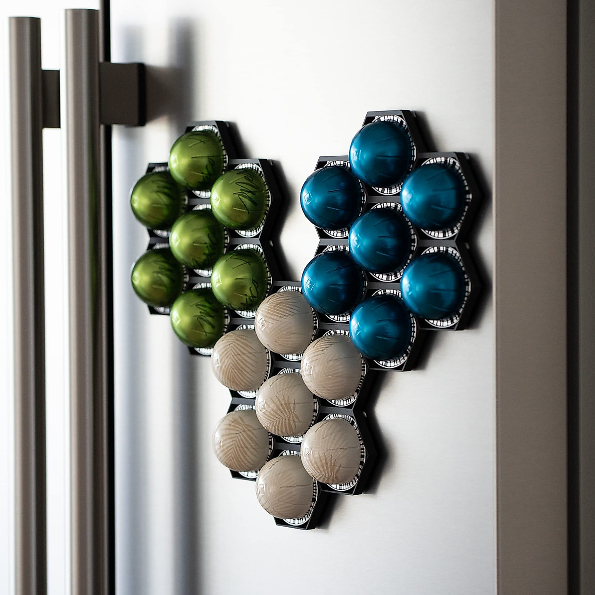 Hemiola Coffee Pod Holders, Honeycomb Capsule Organizer Set Intended for Nespresso Vertuoline Pods, Fridge and Wall Mount, Magnetic and Foam Tape Included, Pack of 3, Holds Up to 21 Pods