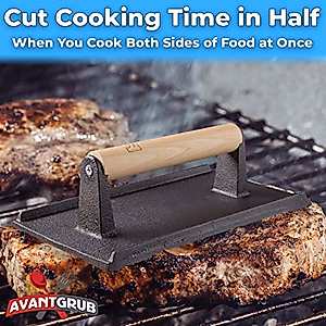 Pro Grade, Pre Seasoned Cast Iron Grill Weight 2Pk. Heavy Duty Steak and Burger Press with Wooden Handle for Grills, Griddles and Flattops. Perfect Gadget for Bacon, Paninis, Sandwiches and Vegetables