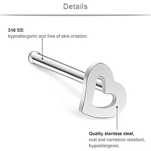 SCERRING 20G 18PCS Stainless Steel Heart Bone Nose Stud Rings Piercing Jewelry 2mm Cubic Zirconia