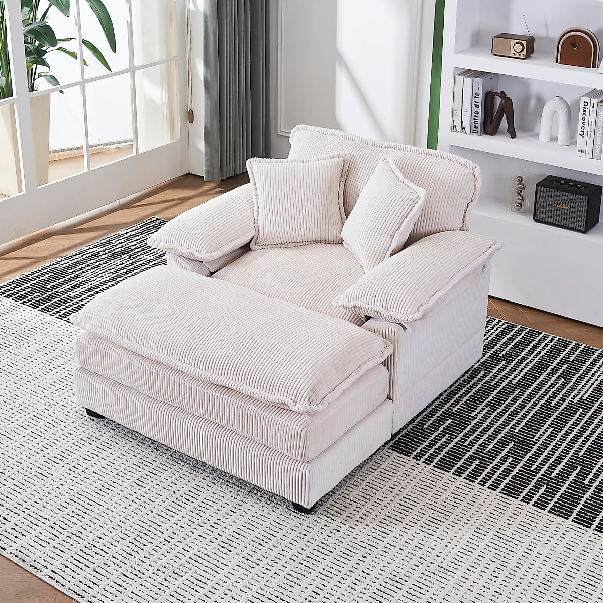 Corduroy Overstuffed Chaise Lounge Chair, Oversized 47" W Single Sofa Ottoman & Pillows,Comfy Deep Seat Cloud Sofa Couch for Living Room Bedroom Nursery (Cream White)