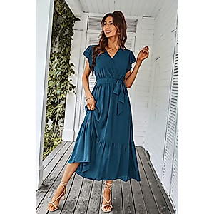 PRETTYGARDEN Women's 2023 Floral Boho Dress Wrap V Neck Short Sleeve Belted Ruffle Hem A-Line Flowy Maxi Dresses (Solid Lake Blue,X-Large)