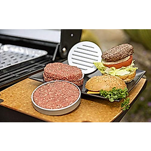 J-Line Design Deluxe Cast Aluminum Hamburger Patty Press Burger Maker with Plastic Handle Complete with Sauce Basting Brush and 100 Non-Stick Wax Paper Sheets