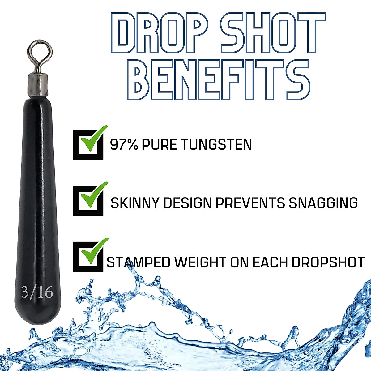 Reaction Tackle Tungsten Drop Shot (Black, Skinny, 1/2)- Tie on