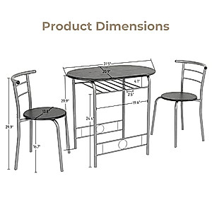 VINGLI 3 Piece Dining Set,Small Kitchen Table Set for 2,Breakfast Table Set,Kitchen Wooden Table and 2 Chairs for Small Space/Dining Room/Apartment,Metal Frame,Wine Rack,Sliver&Black