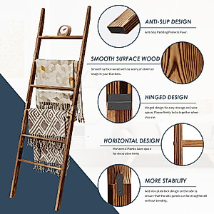 6-Tier Blanket Ladder Wooden, 5.7FT(66.5'') Blanket Quilt Towel Holder Rack Decorative Ladder, Easy Assembly, Rustic Farmhouse Ladder Shelf for The Living Room Bedroom Bathroom Home Decor, Brown