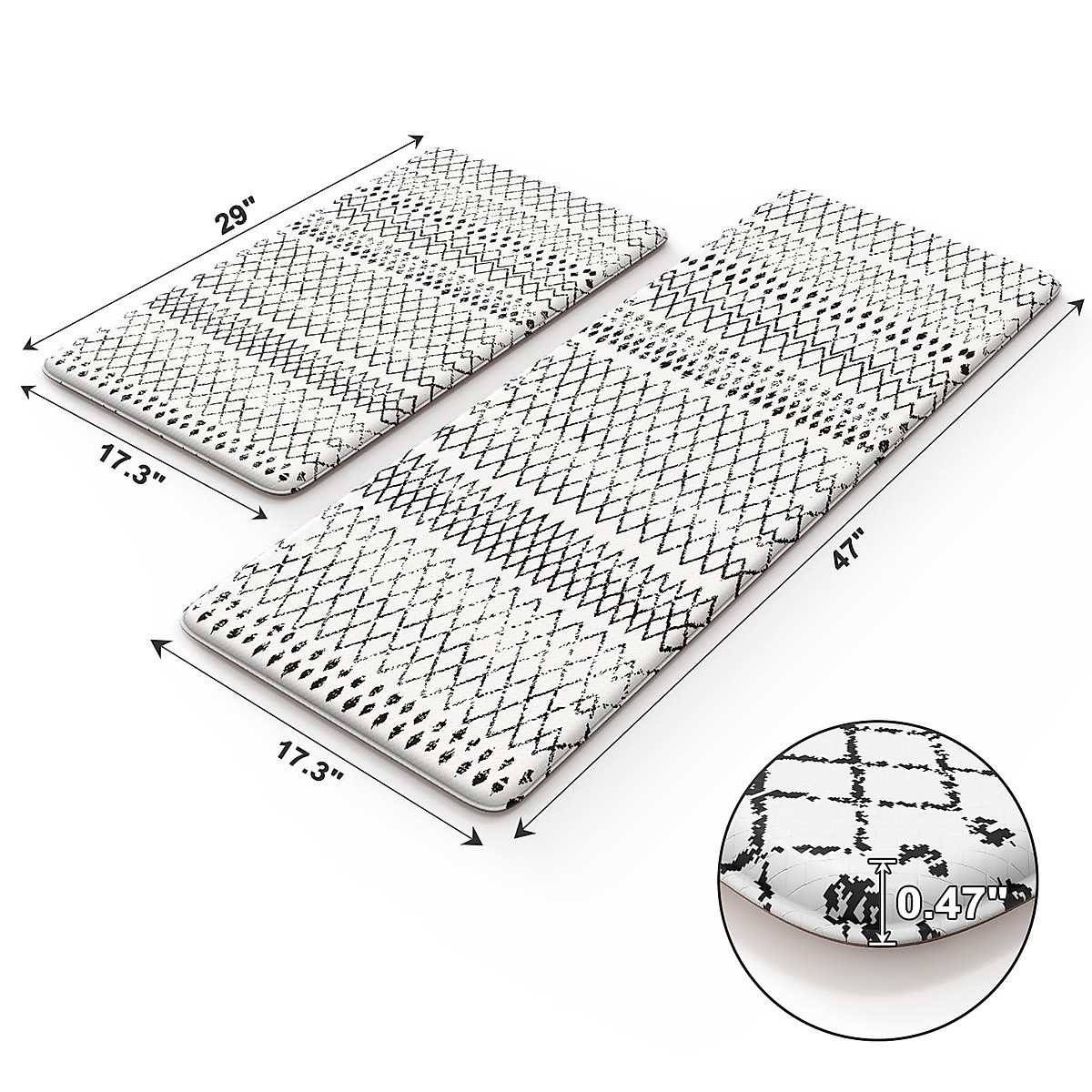 KIMODE Kitchen Mats 2PCS,Cushioned Anti Fatigue Kitchen Rugs and Mats,Non Skid Waterproof Kitchen Mats for Floor,Comfort Foam Standing Mat for Home, Office,Sink,Laundry,Desk,Black and White