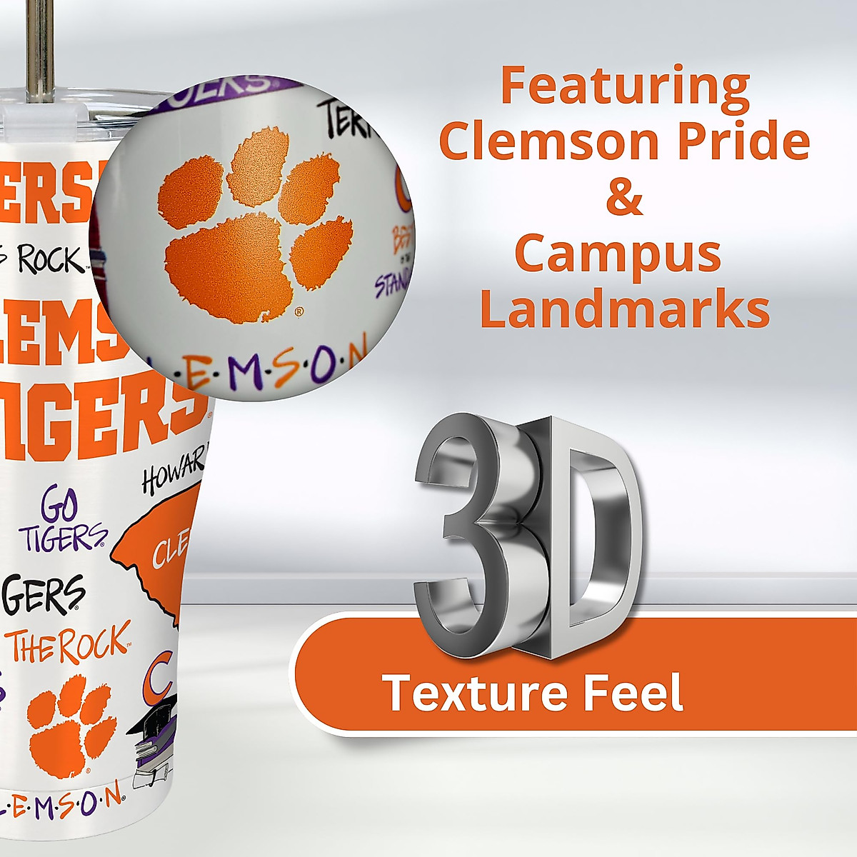 Clemson University 30oz Stainless Steel 3D Icon Travel Mug – High Performance Double-Walled Thermos w/Convertible Lid & Straw – Insulated Decorative NCAA Beverage Tumbler – For Hot or Cold Drinks