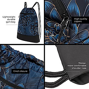 Drawstring Backpack for Women | Durable Lightweight Gym Backpack with Graphic Designs | Great for Drawstring Bags for the Gym, Travel, and Overnights | Teal/Black - Dahlia Flower