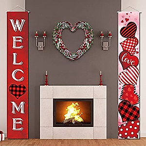 2 Pcs Valentine's Day Door Banner Decoration Valentine Hanging Front Porch Welcome Sign Red Buffalo Plaid Love Heart Banner Romantic for the Home Wall School Office Indoor Outdoor Party Supplies Decor
