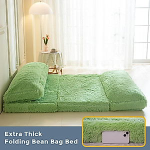MAXYOYO Bean Bag Bed Floor Bed, Faux Fur Floor Sofa Floor Chairs for Adults, Folding Sofa Bed Foam Filling Wall Couch Sleeper Chairs Single Size Floor Mattress, Green, 30x95 Inch