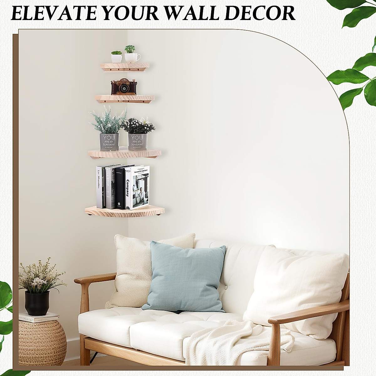 Gulfmew Wooden Corner Shelves Set of 4 Sizes Floating Corner Shelves for Wall Wood Round End Corner Wall Shelves Rustic Wall Mounted Corner Shelves for Bedroom, Living Room, Bathroom, Kitchen