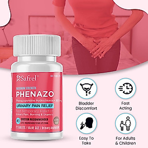 Safrel Urinary Relief - 72 Tablets, 99.5mg Phenazopyridine HCl - Fast-Acting UTI Relief for Bladder Discomfort & Pain - Adults & Children-1-Pack