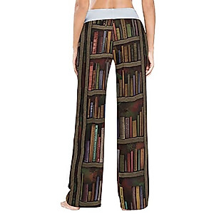 Aeoiba Women's Pajamas Comfy Pajama Lounge Pants Vintage Library Bookshelf Bookcase Book Drawstring Wide Leg Palazzo Pants, Large