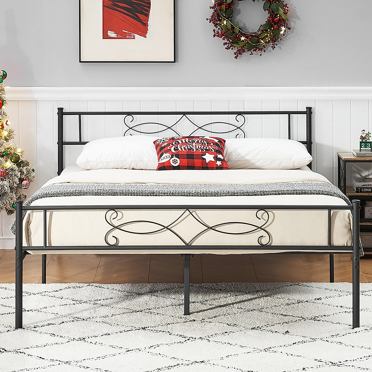 VECELO Queen Size Metal Platform Bed Frame with Headboard,No Box Spring Needed/Mattress Foundation,Flower