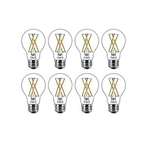 Philips LED Flicker-Free Dimmable Warm Glow Effect A19 Classic Glass Light Bulb, 800 Lumen, 2200-2700K, 8W=60W, E26 Base, Title 20 Certified, 8-Pack