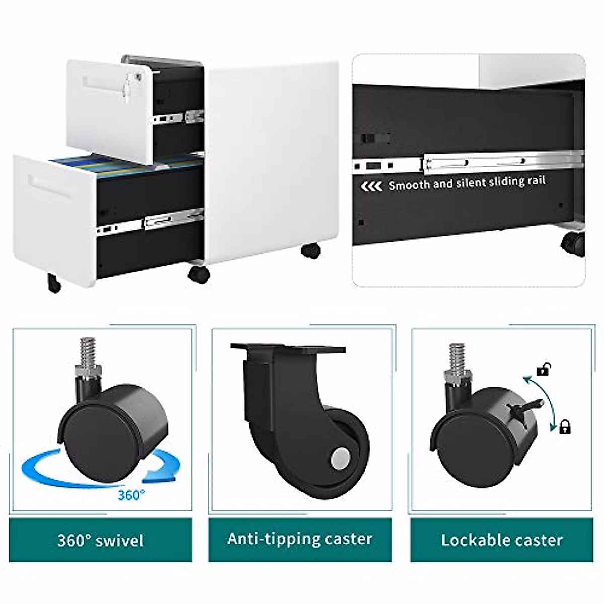 YITAHOME 2 Drawer Rolling File Cabinet, Metal Mobile Filing Cabinet with Lock Under Desk, Anti-Tilt File Cabinet for Legal/Letter Files in Commercial Office Home, White