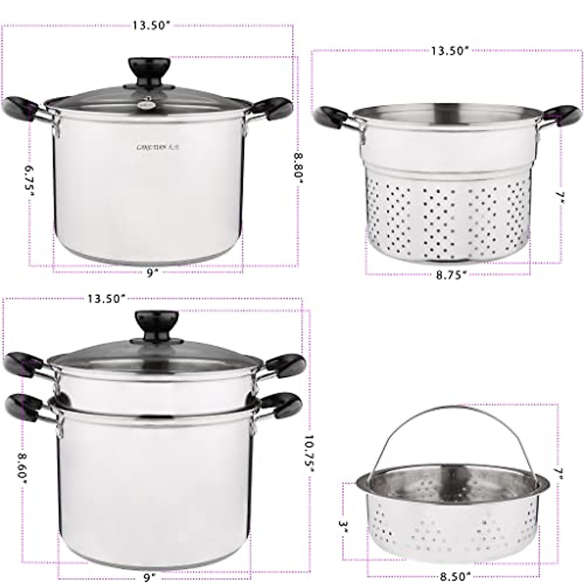 Lake Tian Stainless Steel Pasta Pot With Strainer Insert 4pc 10 Quart, Steamer for cooking, Spaghetti Pot, Stock & Pasta Pots Multipots, Steamer Set With Basket With Lid, Induction Compatible