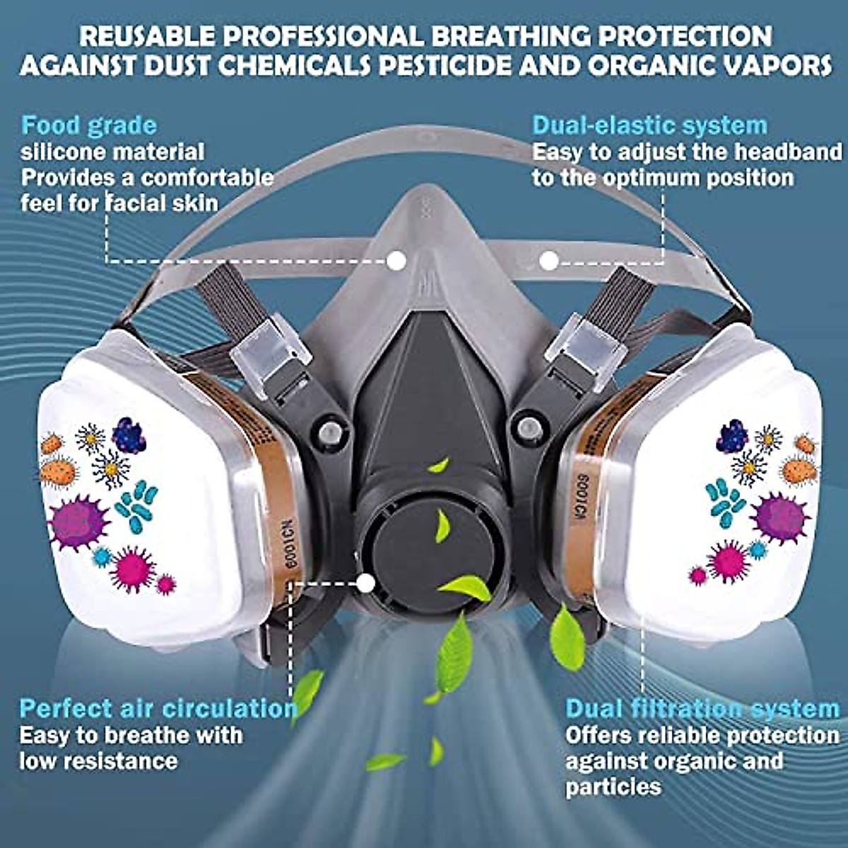 Reusable Active Carbon Respirator, Face Cover Set for Painting Against Dust/Organic Vapors/Smells/Fumes/Sawdust/Asbestos Suitable for Painting,Staining,Car Spraying,Sanding &Cutting
