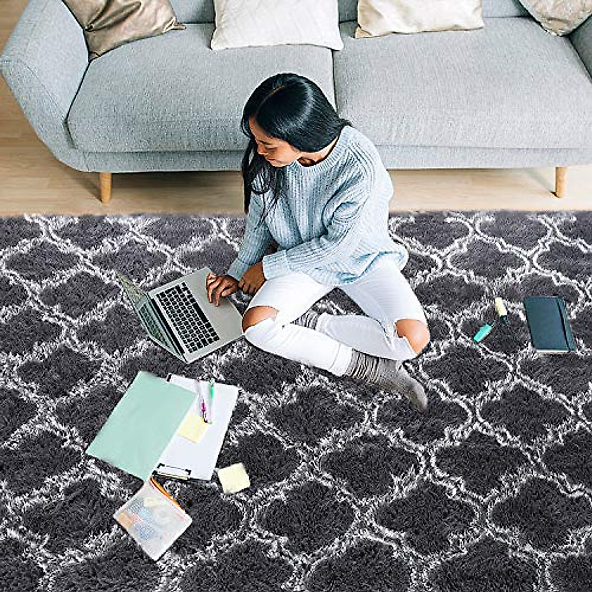LOCHAS Luxury Shag Area Rug Modern Indoor Plush Fluffy Rugs, Extra Soft and Comfy Carpet, Geometric Moroccan Rugs for Bedroom Living Room Girls Kids Nursery, 5x8 Feet Dark Grey/White