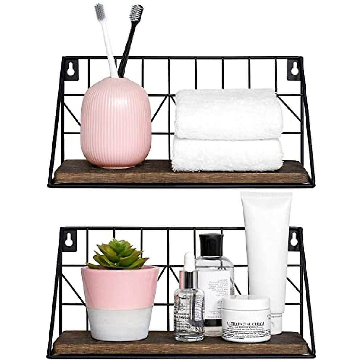 Mkono 5 Pack Set Wall Hanging Shelves 3 Pac Wood and Rope Shelves and 2 Pack Small Floating Shelves with Metal Basket Frame Home Decor Display Shelf for Bathroom, Bedroom, Living Room