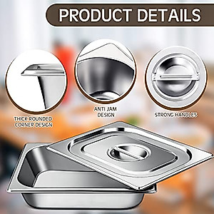 Baderke Stainless Steam Hotel Pans with Lids, 0.7 mm Thick 304 Stainless Steel Hotel Pan Anti Clogging Steam Table Pan for Food Warmer Cooking Heat, Multi Size (4 Pack, 1/2 Half Size x 2.5 Inch Deep)