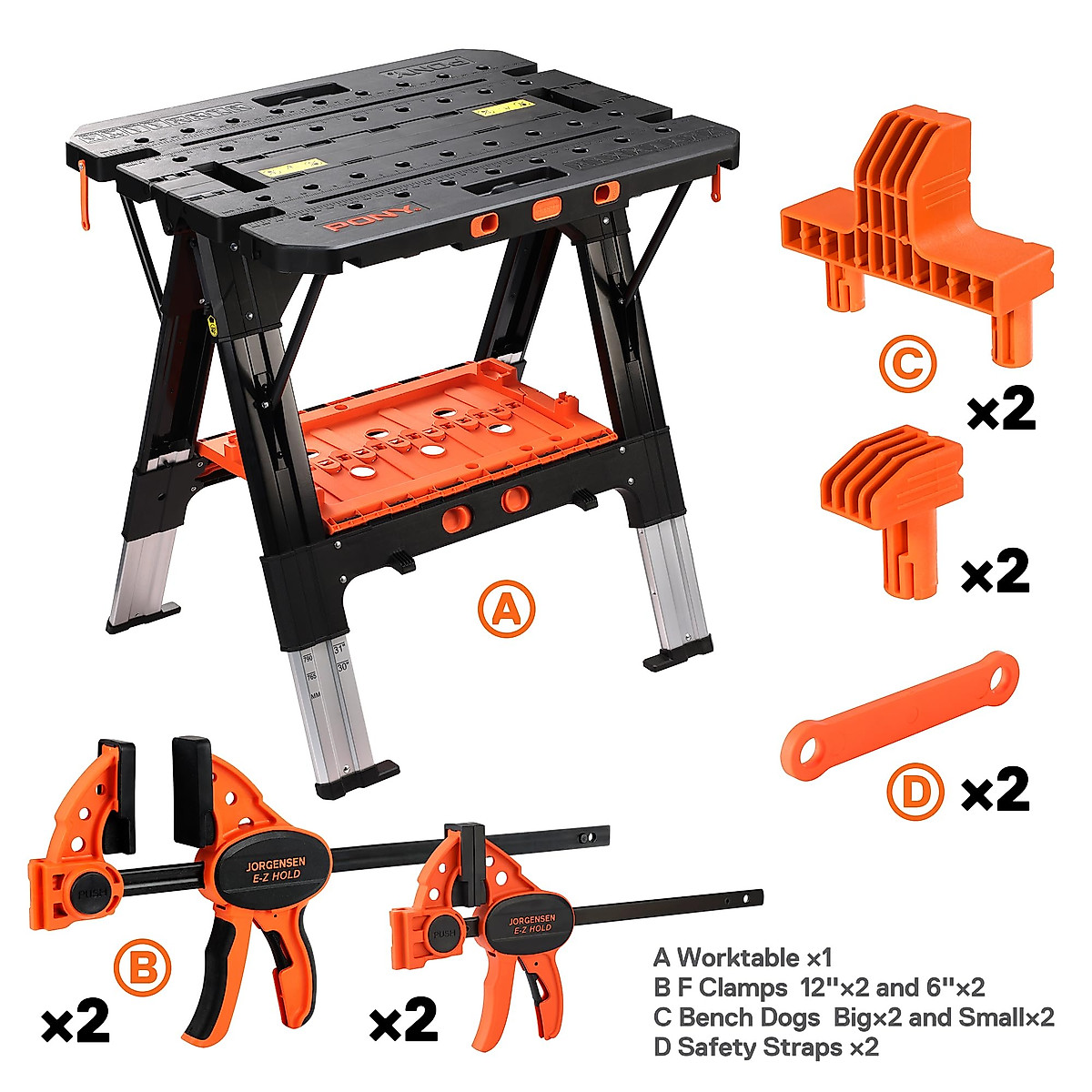 Pony Portable Folding Work Table, 2-in-1 as Sawhorse & Workbench, 31” W×25” D×25”-35”H, Large Load Capacity with 4pcs Clamps, 4pcs Bench Dogs