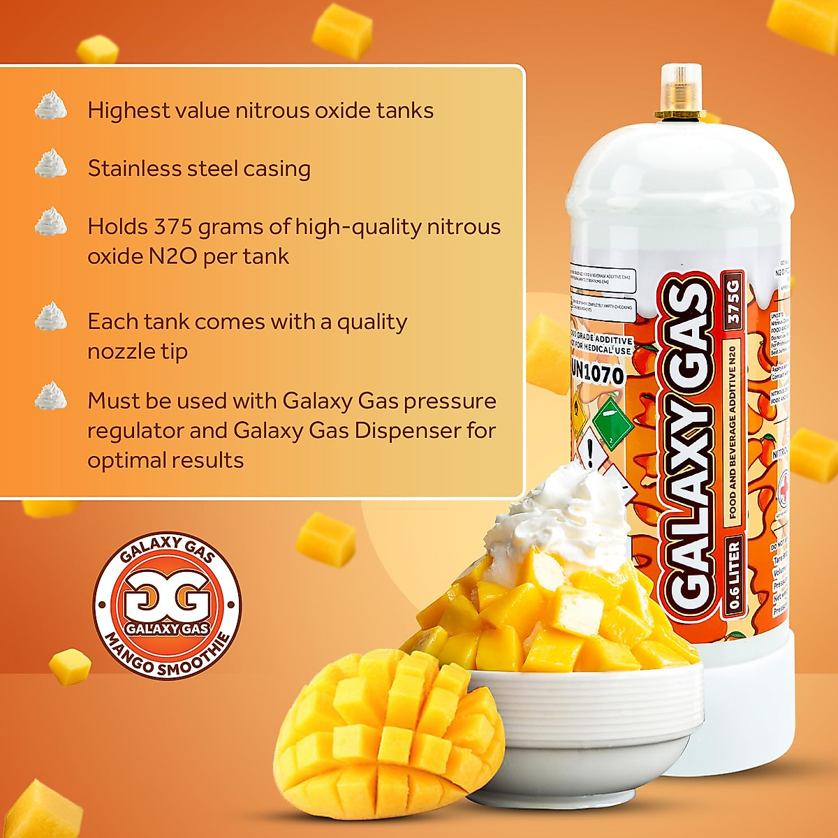 Galaxy Gas Mango Smoothie Flavor Whipped Cream Dispenser Cartridge Tank, Nitrous Oxide 0.6L 375 Gram Whip Cream Charger, Whipped Cream Cartridge, N2O Charger Tank, 1 Cylinder