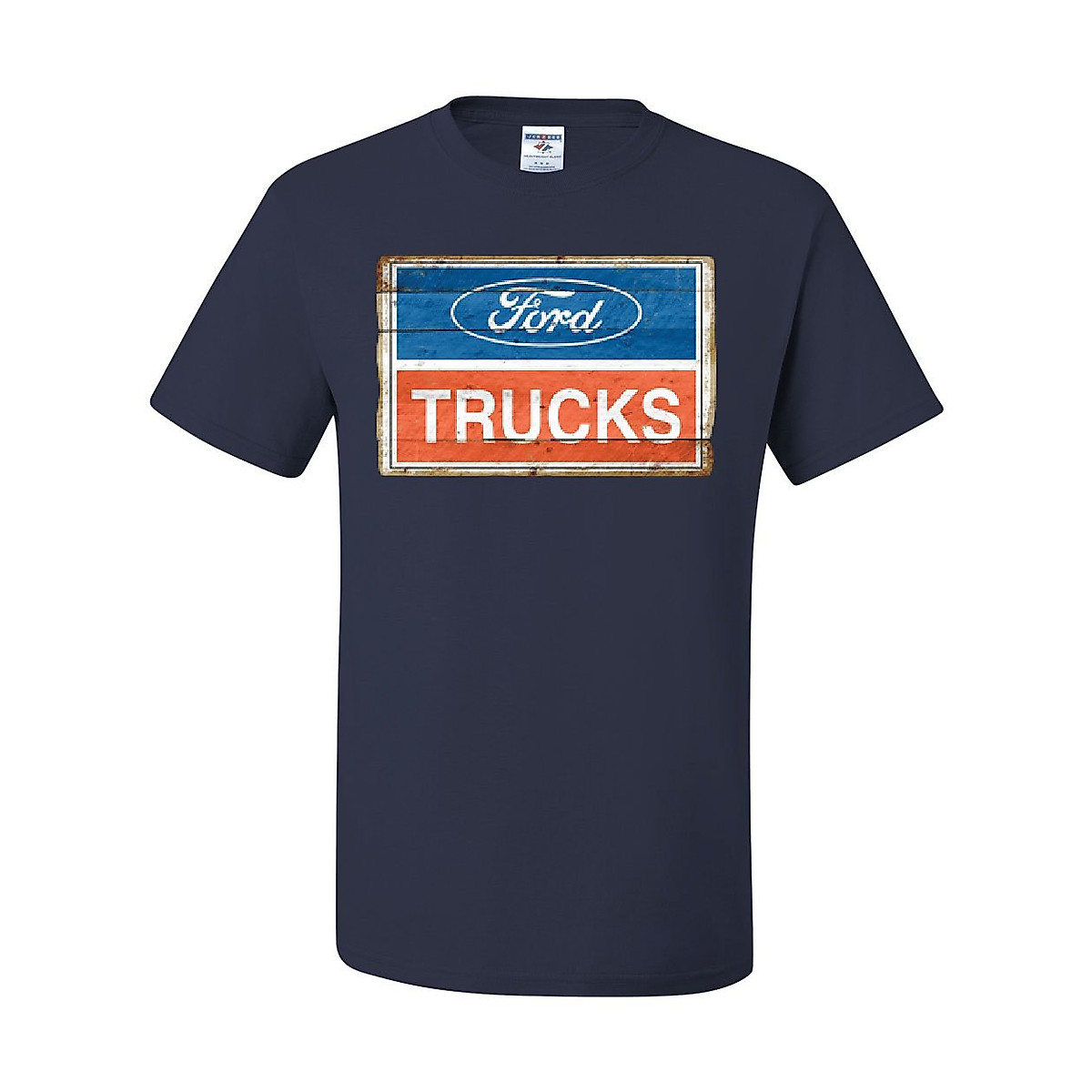 Ford Trucks Old Sign T-Shirt Licensed Ford Built Tough Tee Shirt Navy Blue X-Large