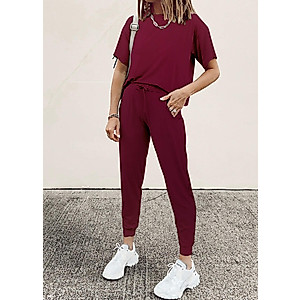 PRETTYGARDEN Women's Two Piece Outfit Short Sleeve Pullover with Drawstring Long Pants Tracksuit Jogger Set (Wine Red,XX-Large)