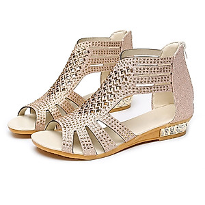 Wedge Sandal for Women Ankle Strap Flatform Arch Support Fish Mouth Toe Retro Platform Shoes Non-Slip Breathable Cushion Wide Sparkle Sparkly Glitter Hollowed out Back Zipper Rhinestone H32-Beige