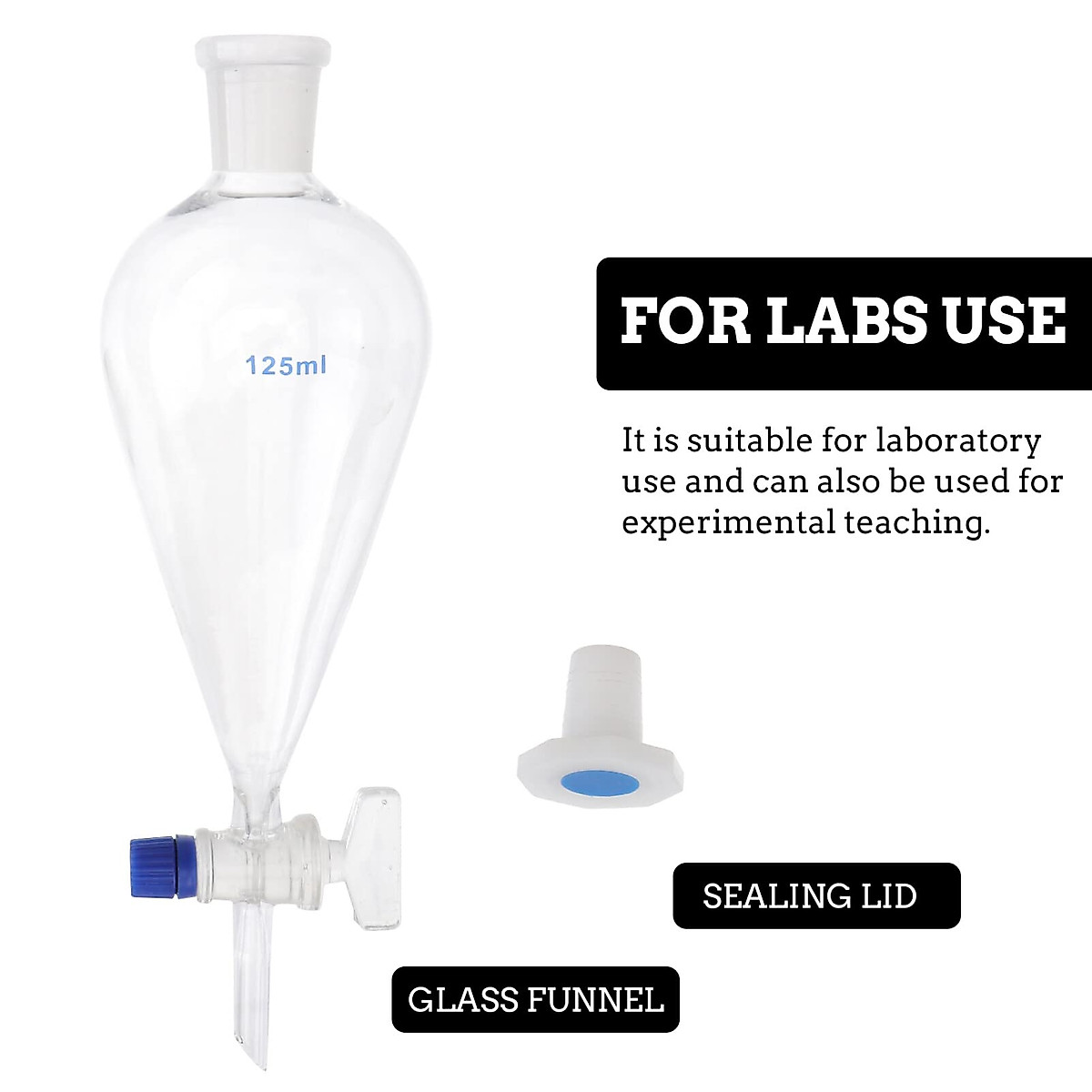 Separatory Funnel Pear Funnels, 125ml Thickened Glass Separating Funnel, Leak-Proof Screw Cap, Stopcock Style and Logo Color Random, Lab Glassware