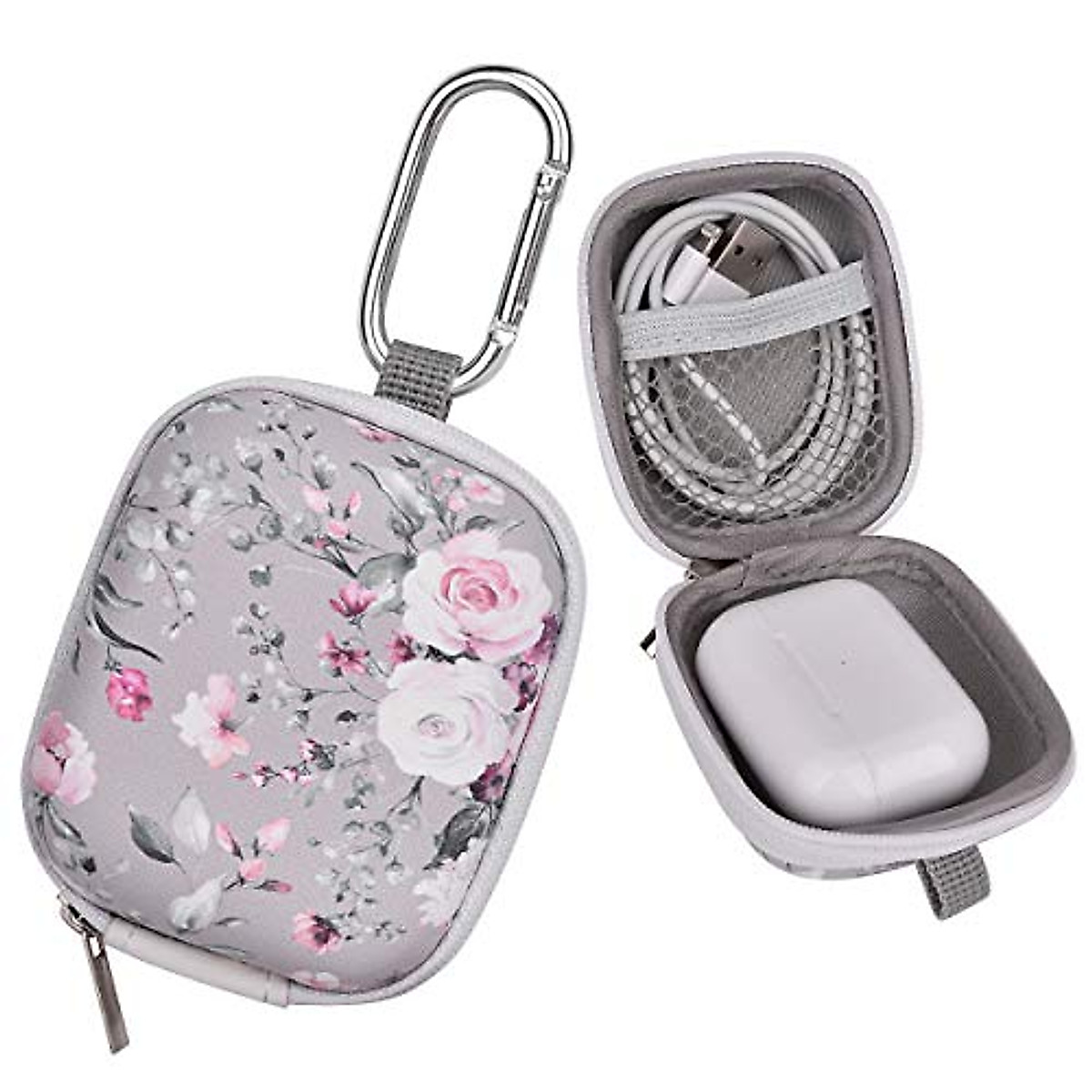 Earbud Case, AIRSPO Airpods Pro 2nd Generation Earphone Organizer Carrying Case Small Storage Bag Hard EVA Shockproof Cover with Carabiner Clip (Grey Pink Rose)