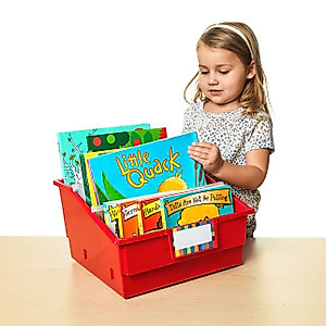 Really Good Stuff Large Plastic Book Organizer Bins, Dividers, Built-in Label Holder, 13.5” by 13.5” by 7.75” (Set of 4, Primary Colors) - For Picture Books, Large Reference Books in Classroom or Home