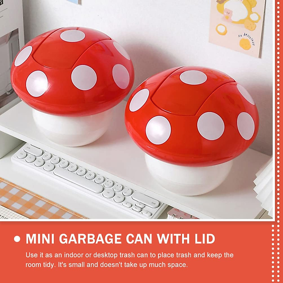 Healeved Small Trash Can for Desktop, Mushroom Trash Can Mini Adorable Trash Can with Lid Tabletop Trash Can