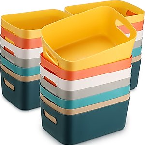 Leinuosen 21 Pcs Plastic Storage Bins Pantry Storage Baskets with Handle Multiple Colors Organisation Storage Baskets for Kitchen Bathroom Classroom Shelves 9.84 x 6.5 x 3.94 Inch(Dark Colors)