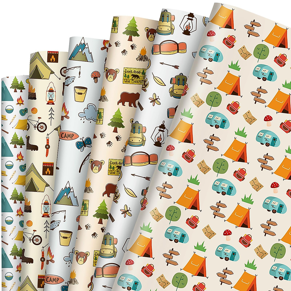 Whaline 12 Sheet Camping Wrapping Paper Tent Bear Tree Mountain Gift Wrap Paper Folded Flat DIY Craft Art Paper for Camp Theme Party Decor Wrapping Supplies