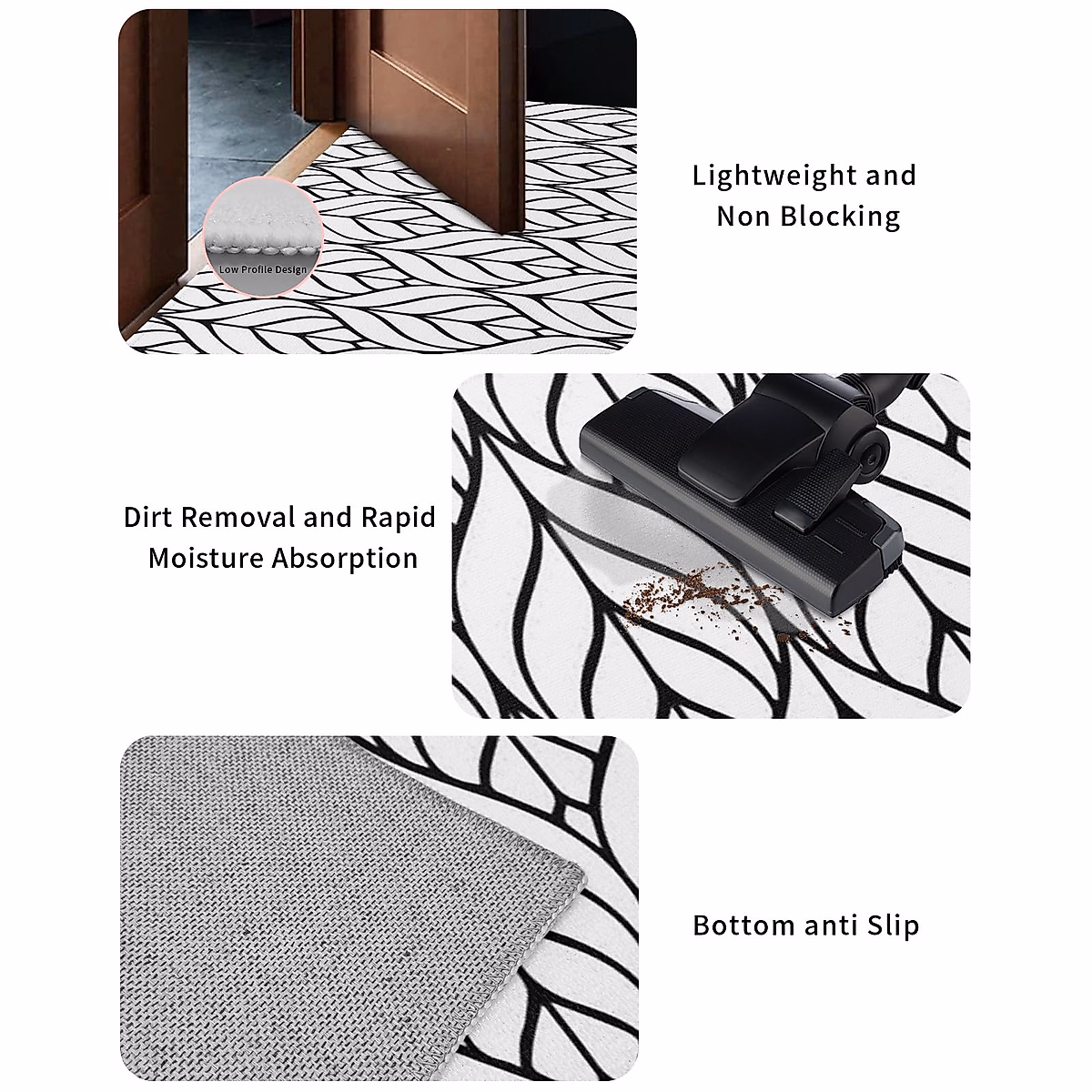 Welcome Mats, Black and White Leaf Tile Pattern Door Mat, Non-Slip Absorbent Large 20x47 Inch Outdoor Indoor Mat Low-Profile Floor Mat Doormat for Entryway/Patio/Garage