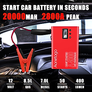 Jump Starter with Air Compressor, 2800A Peak 20000mAh Portable Battery Booster (Up to 8.5L Gas,7L Diesel Engines) with 100PSI Digital Tire Inflator,12V Car Lithium Battery Jump Box Pack Power Charger