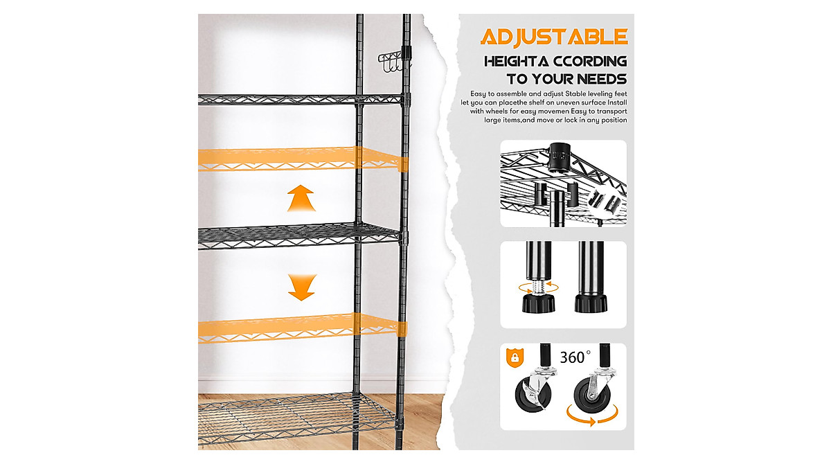 YNN Wire Shelving,1750Lbs Capacity 5 Tier Heavy Duty NSF Wire Shelf with Rolling Wheels Black ...
