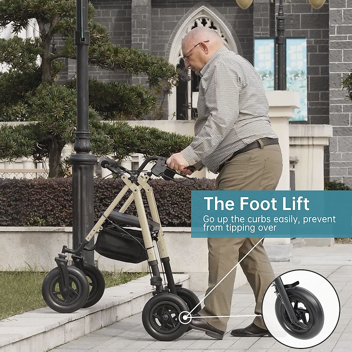 ELENKER All-Terrain Rollator Walker with 10” Rubber Wheels, Padded Seat & Backrest, Under-seat Basket for Seniors (Champagne)