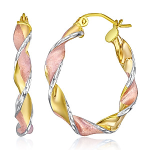 14k REAL Tri Color Gold 4mm Thickness Swirl Hinged Hoop Earrings (25 x 25 mm)