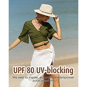 FURTALK Womens Summer Straw Sun Hats Wide Brim Panama Fedora Beach Hat with Wind Lanyard UPF 80+ Beige