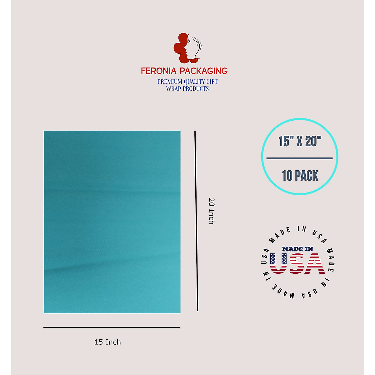 Feronia packaging Caribbean Teal Tissue Paper Squares, Bulk 10 Sheets, Premium Gift Wrap and Art Supplies for Birthdays, Holidays, or Presents, Large 15 Inch x 20 Inch Made in USA